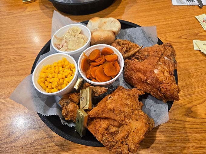 The holy trinity of comfort food: perfectly fried chicken, homestyle mashed potatoes, and green beans that definitely weren't strangers to pork.