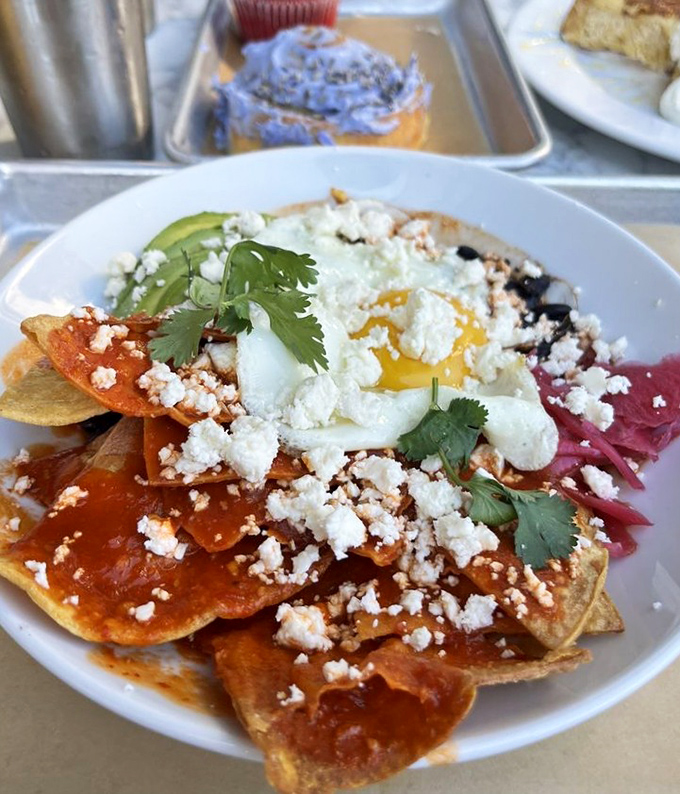 These chilaquiles are what happens when tortilla chips fulfill their destiny—crispy, saucy, topped with a perfect egg and enough cotija cheese to make you weep with joy.