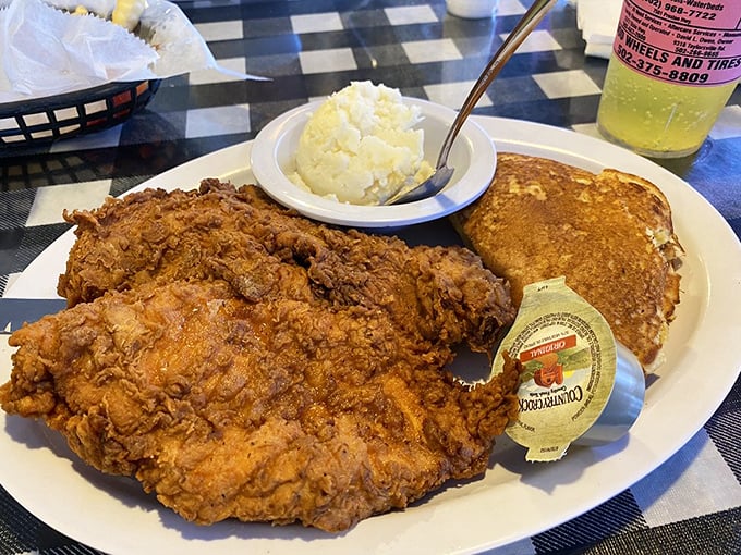 Country fried chicken that could make your grandmother jealous, paired with mashed potatoes and cornbread that might bring a tear to your eye.
