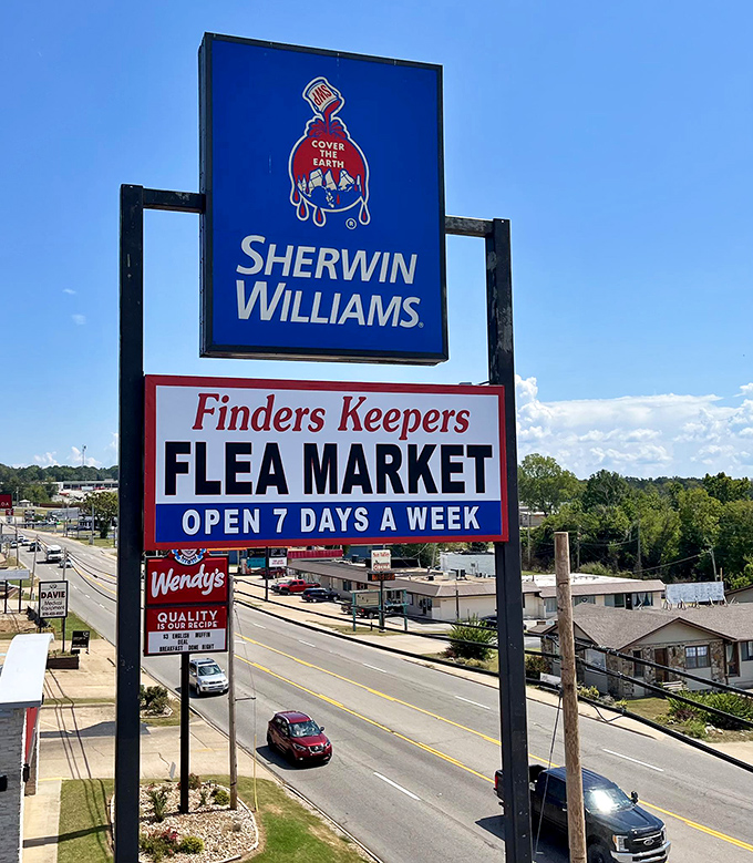 The "open seven days" sign isn't convenience—it's a public service for when the urgent need for vintage treasures strikes.