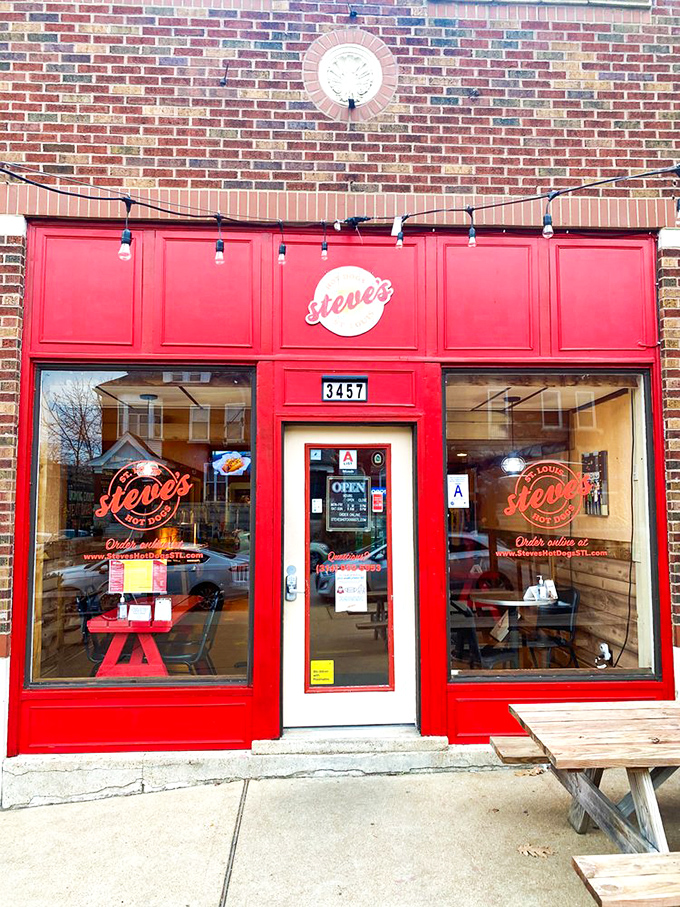 That fiery red storefront signals exactly what you're in for—a hot dog experience that's anything but ordinary.