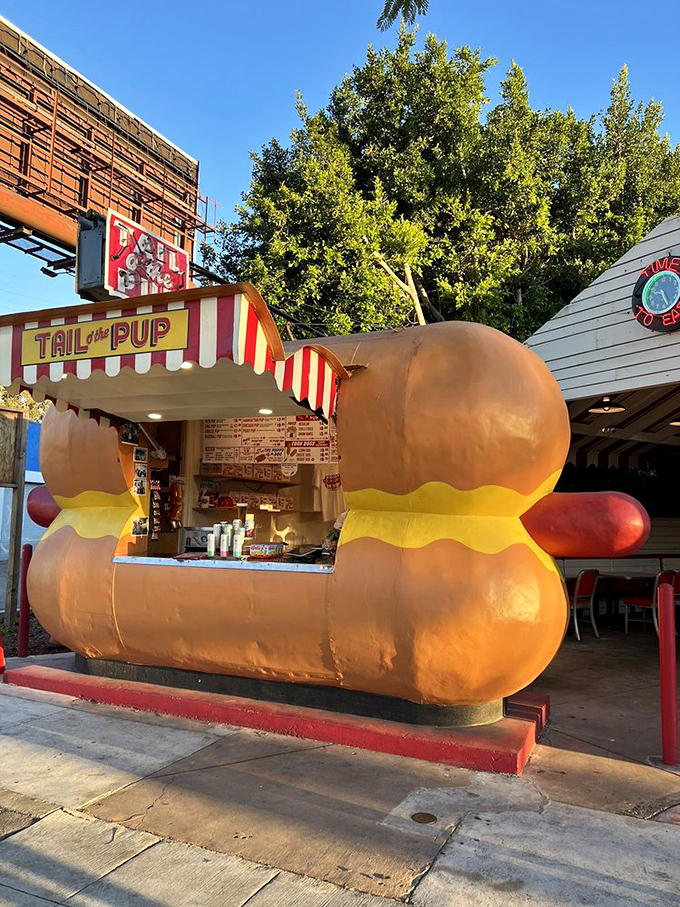 Tail o' the Pup's giant hot dog structure is architectural whimsy at its finest—and yes, you can eat inside it!