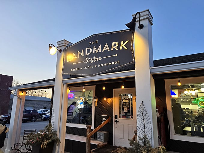Bright lights, small city. The Landmark's welcoming glow promises steak salvation after a long day in the heartland.