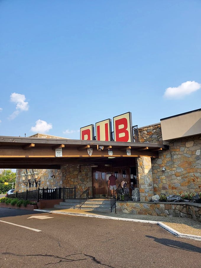 The Pub's stone facade and bold signage—architectural shorthand for "loosen your belt before entering."