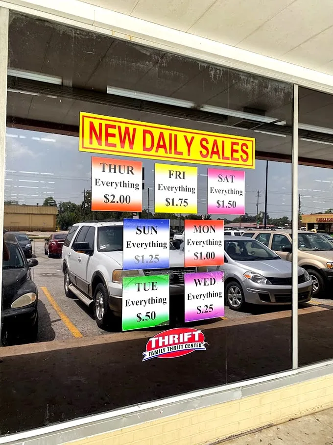 The colorful pricing schedule reveals the store's brilliant strategy – patience rewards the bold with ever-dropping prices.
