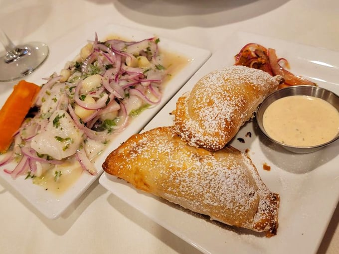 Seafood and pastry living in perfect harmony—like The Beatles of appetizers, these empanadas and ceviche create their own kind of magic.