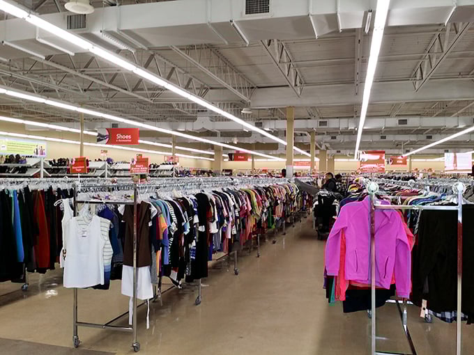 The clothing section: where forgotten band shirts and designer castoffs create the world's most democratic fashion runway.