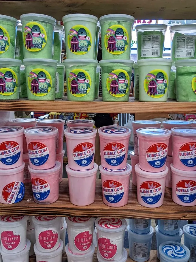 Cotton candy in containers bigger than most dinner plates. The pink and blue swirls aren't just sugar—they're edible childhood memories.