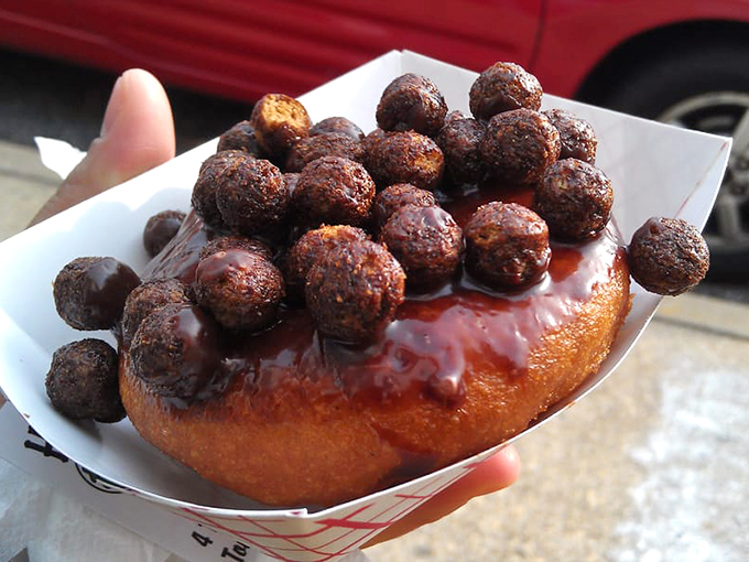 Chocolate meets cereal in what can only be described as a donut fever dream. Cocoa Puffs have never found a happier home.