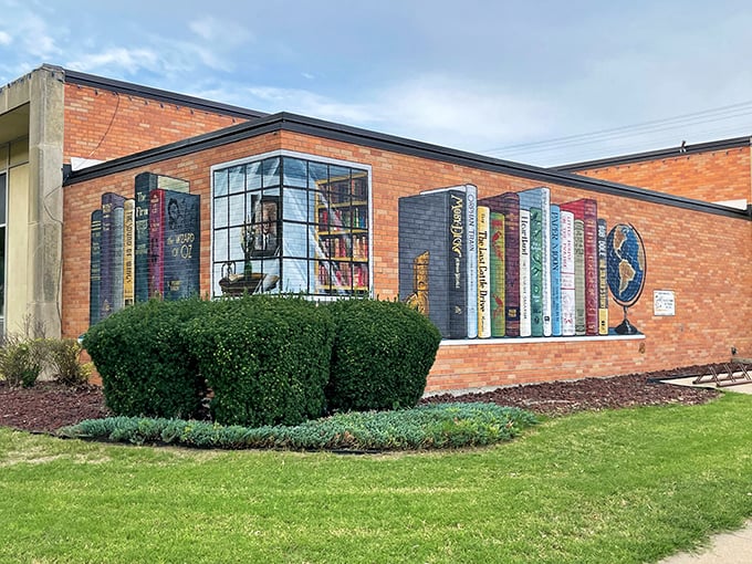 The Russell Public Library's whimsical book-themed exterior proves that sometimes you absolutely should judge a building by its cover.