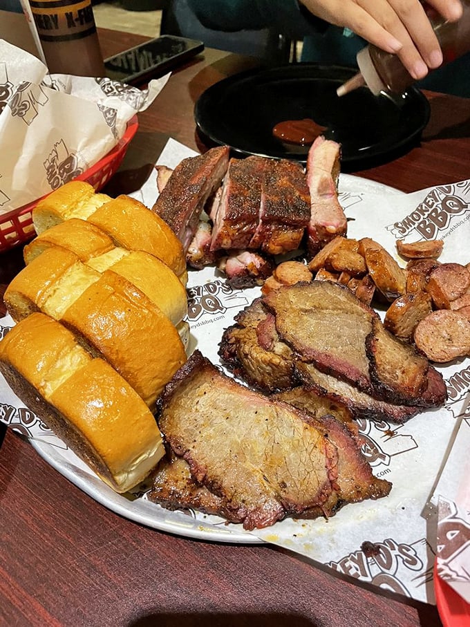 The holy trinity of BBQ! This three-meat platter is so good, it might just make you believe in a higher power – the power of perfectly smoked meat.