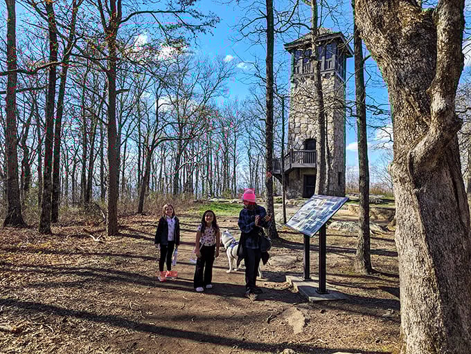 The historic stone tower stands sentinel over the forest like something straight out of a fairy tale—half Rapunzel, half forest ranger lookout.