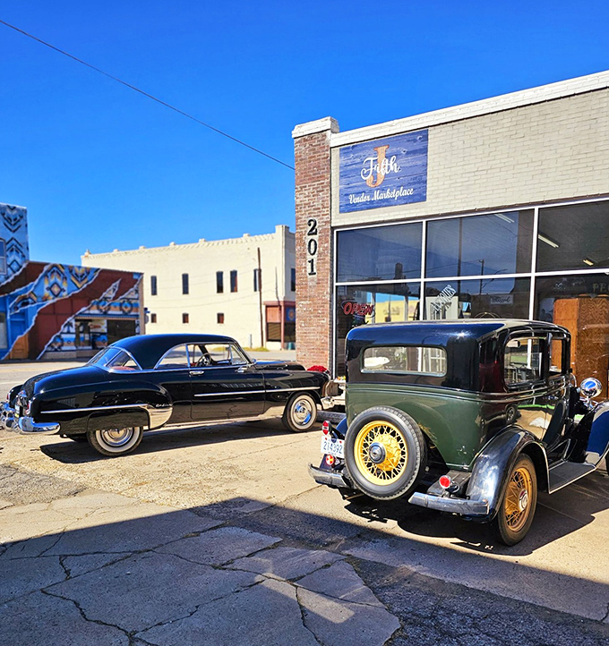 Fifth J Marketplace: Where classic cars outside hint at the timeless treasures waiting within these historic brick walls.