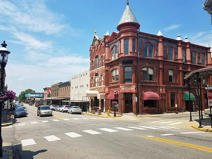 Van Buren's Main Street – where each brick building tells a story, and the train still runs right through the heart of town.