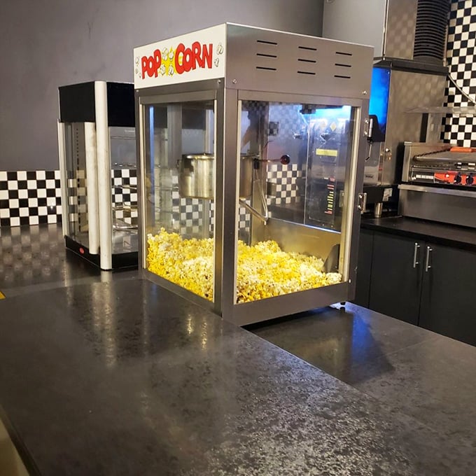 Fresh popcorn stands ready to comfort those who just got lapped by their 12-year-old nephew for the third consecutive time.