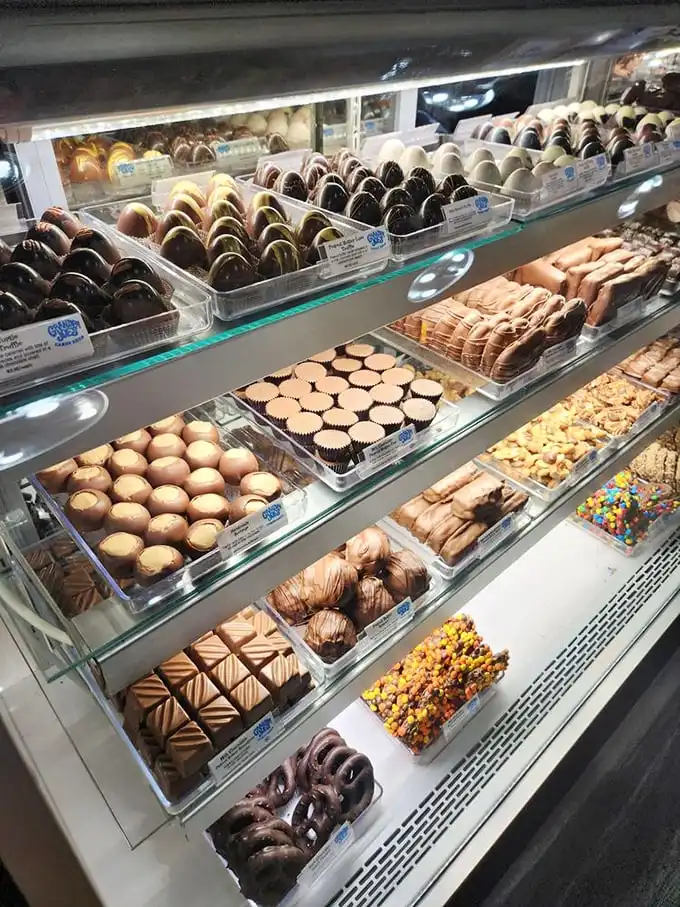 Chocolate display case that would make Willy Wonka file a jealousy complaint. Heaven has display cases, and they look exactly like this.