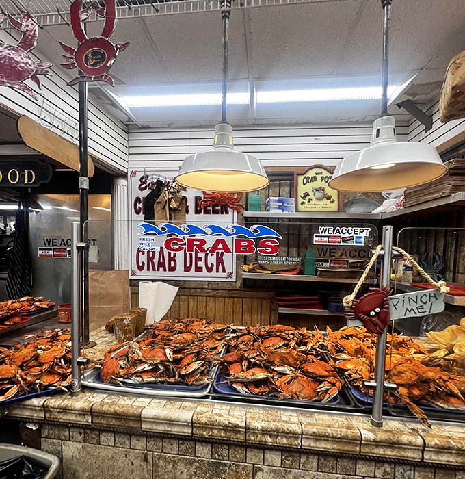 Maryland's famous crabs make an appearance at the market. These beautiful orange specimens are the state's culinary calling card—no Old Bay required in this photo.