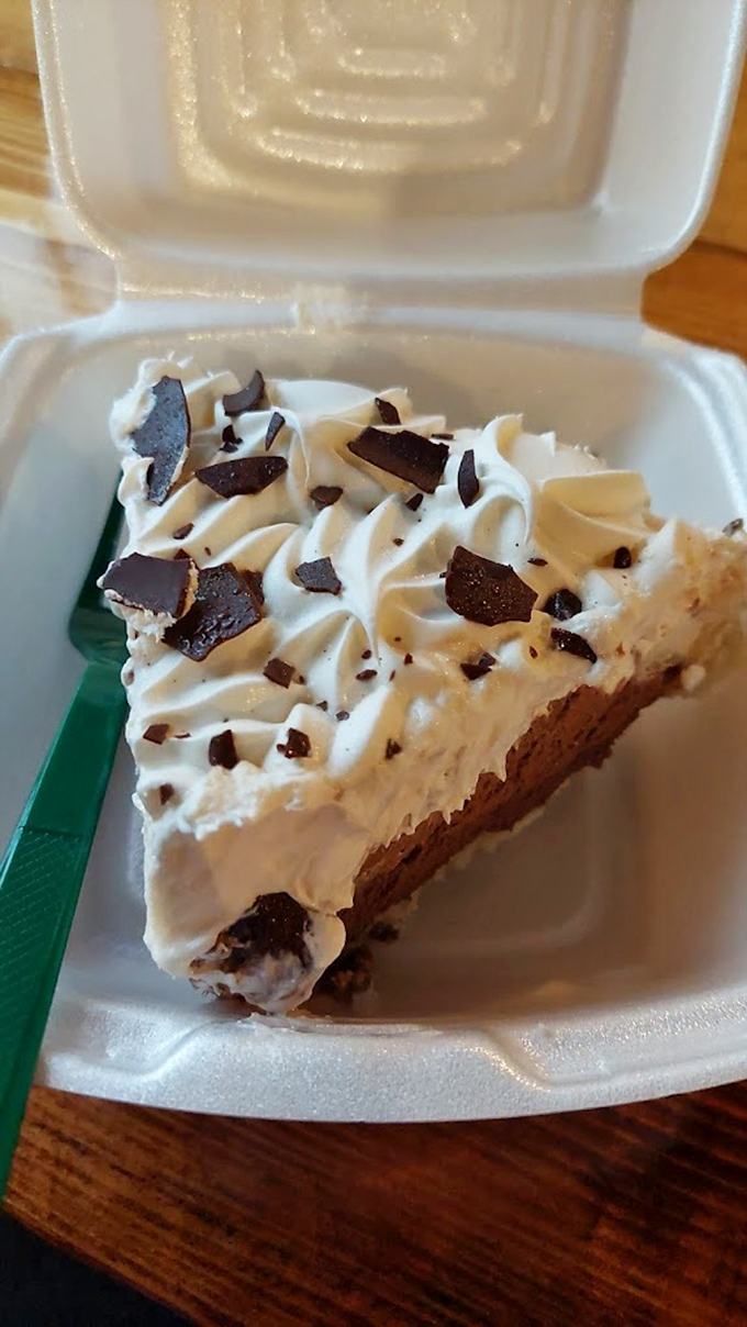 Chocolate cream pie in a to-go container – because the best souvenirs from road trips aren't t-shirts, they're tomorrow's breakfast.