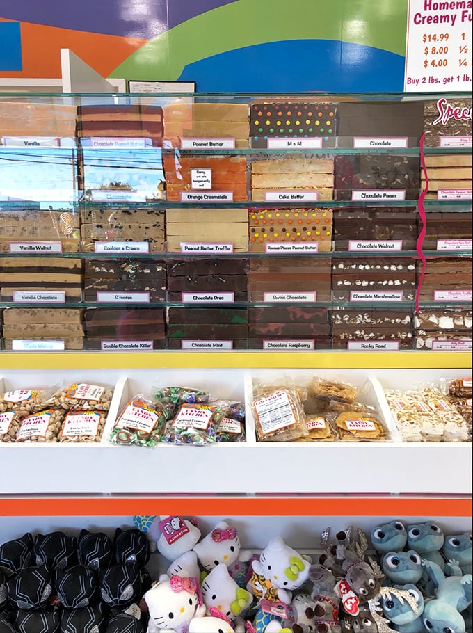 The fudge counter—where dreams are sliced into perfect squares and willpower goes on vacation. Each variety more tempting than the last.