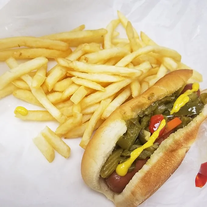 The Chicago hot dog and fries—proof that paradise doesn't need truffle oil or microgreens, just mustard, relish, and respect for tradition.