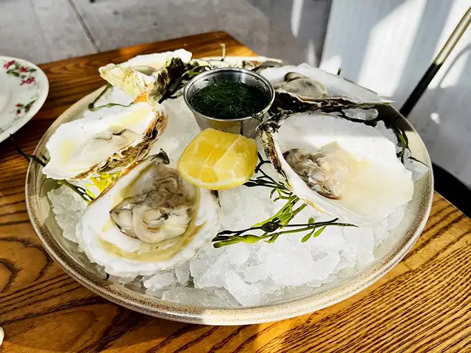 Fresh oysters on ice—nature's perfect appetizer. These briny treasures need nothing more than a squeeze of lemon and perhaps a moment of silence before slurping.