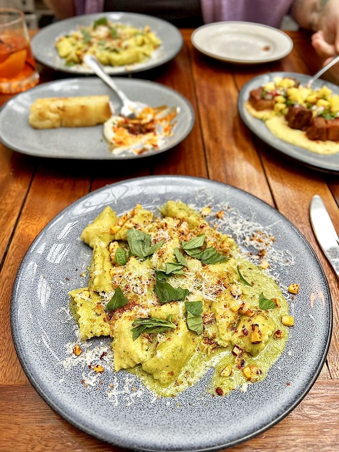 Pasta pillows cradling treasures from both land and sea. The sauce isn't just a condiment—it's the silk robe this dish deserves.