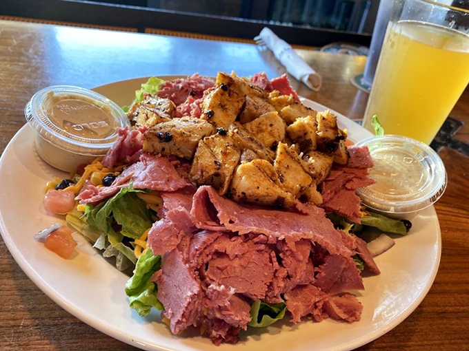 A salad that doesn't apologize for its protein-packed personality – where greens meet meat in a delicious compromise.