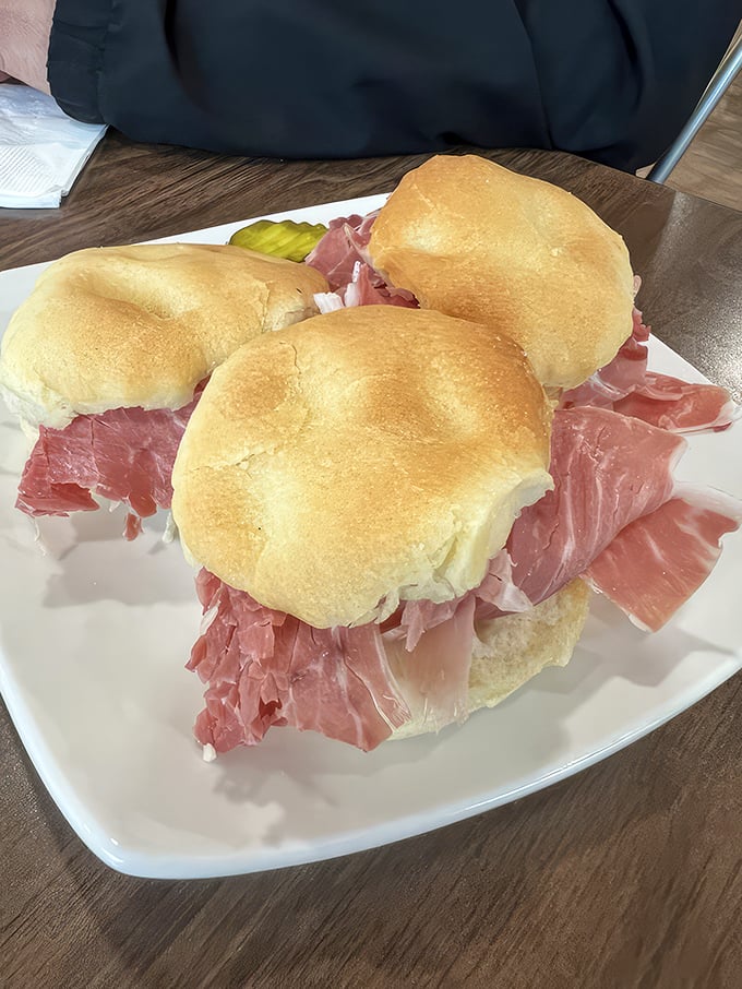 Country ham biscuits that could make a vegetarian weep with temptation. The ham-to-biscuit ratio here is what mathematicians call "the golden proportion."