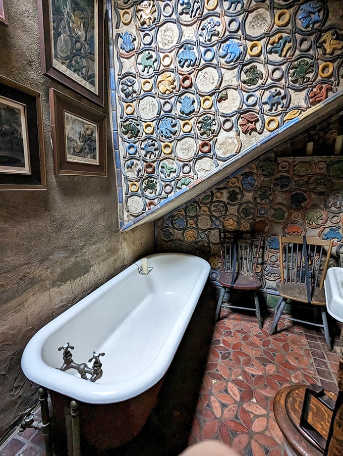 The bathroom where even mundane morning routines become magical. Those tiles would make even the most rushed shower feel like a spa retreat.