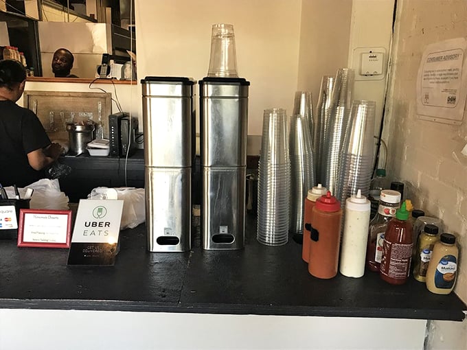 The condiment station – where good food becomes great food. That hot sauce bottle has seen things, told stories, created memories.