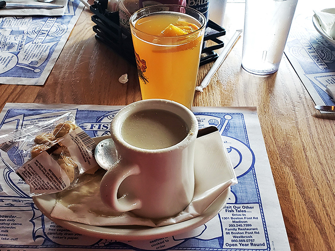 Morning coffee and juice at Lenny & Joe's—proof that seafood restaurants understand the importance of proper hydration before the main event.