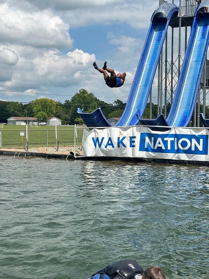 The giant slides launch thrill-seekers into momentary flight before the inevitable splashdown—physics has never been this much fun.