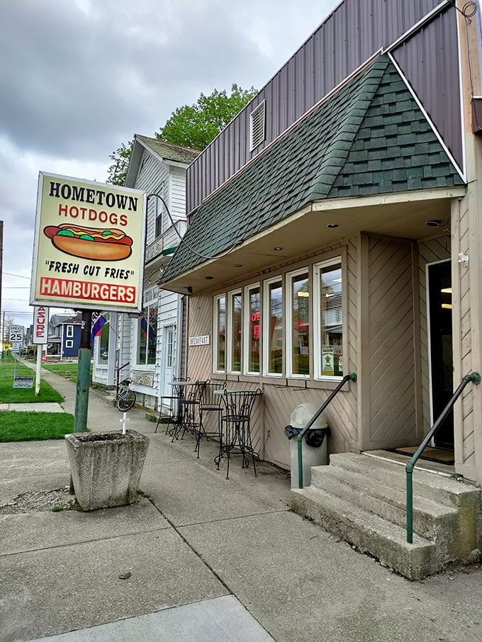 Hometown Hot Dogs' vintage sign and simple storefront hide a temple of tubular meat perfection in small-town Millersport.
