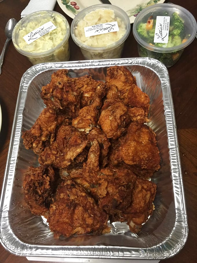Enough fried chicken to feed a family or one very determined individual having the best day ever.