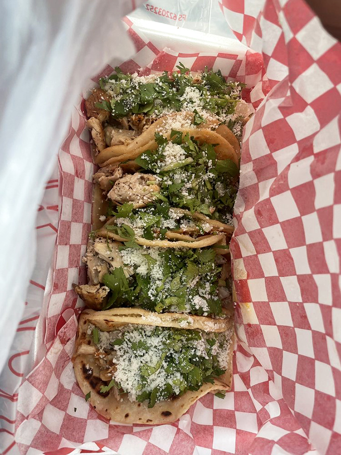 Four tacos lined up like soldiers ready for battle—the only casualties will be your hunger and your diet plans.