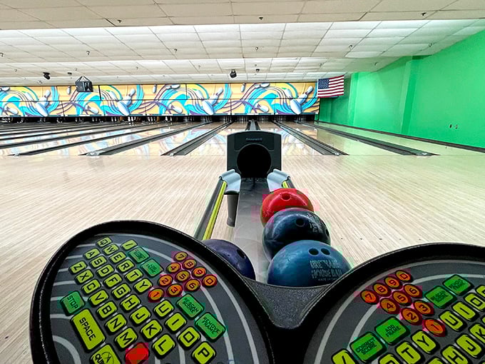 Looking down the business end of a bowling lane reminds you this is a precision sport disguised as casual fun for all ages.