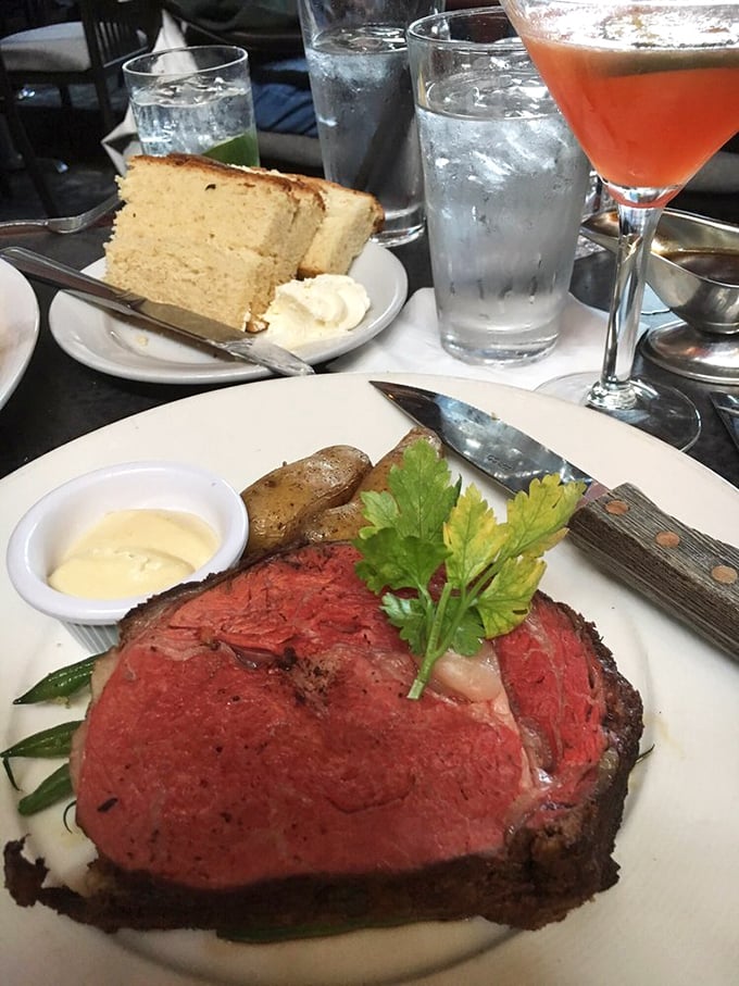 Prime rib and a pear martini – a pairing that proves God wants us to be happy. The knife stands ready for its important work. 