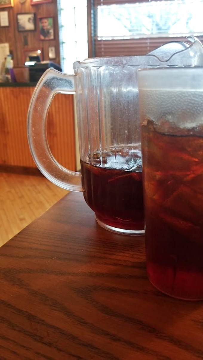 Sweet tea in those classic plastic pitchers – the unofficial champagne of Appalachia, served without pretense or apology.