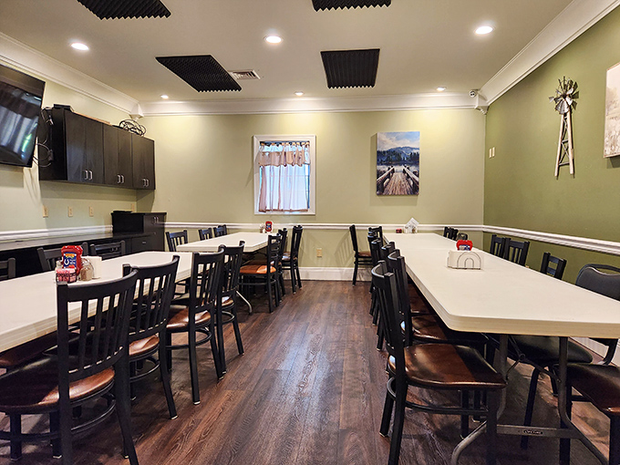 The dining room says "we care about your comfort, not your Instagram aesthetic"—and that's precisely why it's perfect.