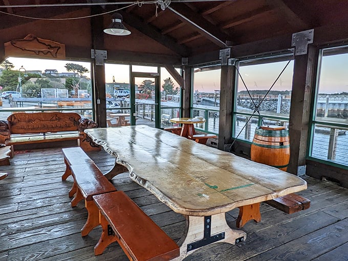 The rustic dining area offers waterfront views that no five-star restaurant could improve upon. Mother Nature's dining room. 