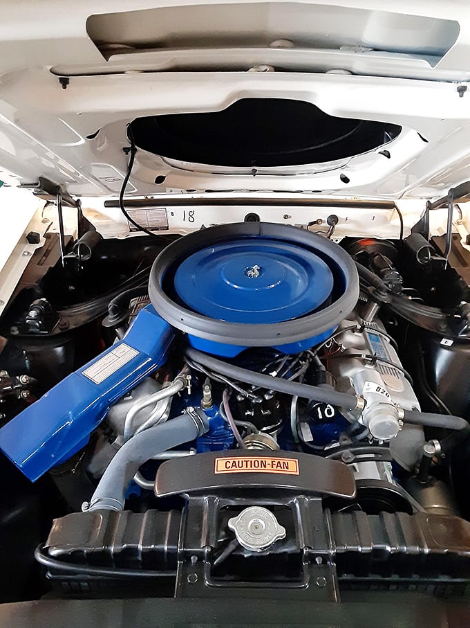 Under the hood, this pristine blue Ford engine isn't just machinery—it's functional art that tells the story of American engineering excellence.