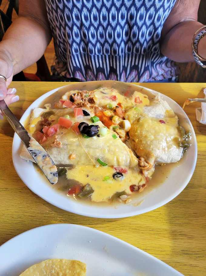 Like a swimming lesson for tortillas, this enchilada plate bathes in green chile sauce with fresh toppings standing by as colorful lifeguards.