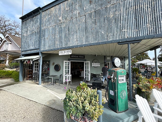 The Los Olivos General Store perfectly captures that moment when rural practicality meets wine country sophistication. That vintage gas pump isn't pumping gas anymore.