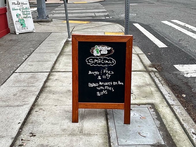 No daily specials featuring activated charcoal or microgreens here—just straightforward goodness written on an old-school sidewalk board.