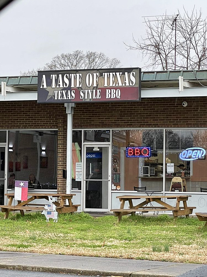 Texas pride flies proudly outside, with picnic tables inviting you to savor the outdoors. A little slice of the Lone Star State on Virginia soil.