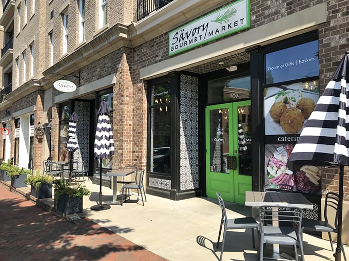 The bright green door and striped umbrellas aren't just inviting—they're practically waving you in from the sidewalk. Resistance is futile.