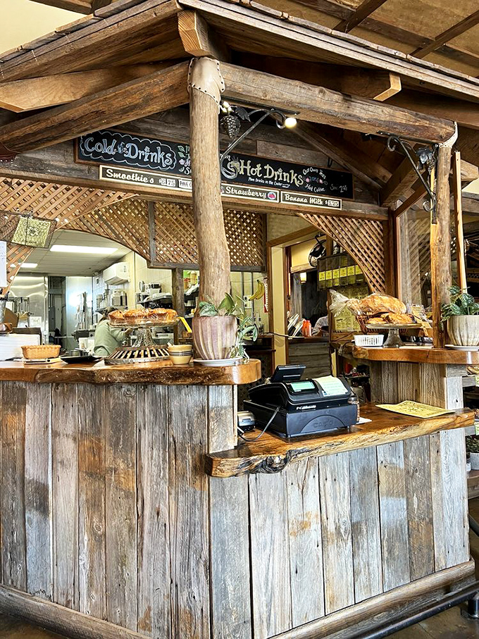 The order counter looks like it was harvested directly from a century-old barn, complete with chalkboard signs announcing daily specials.