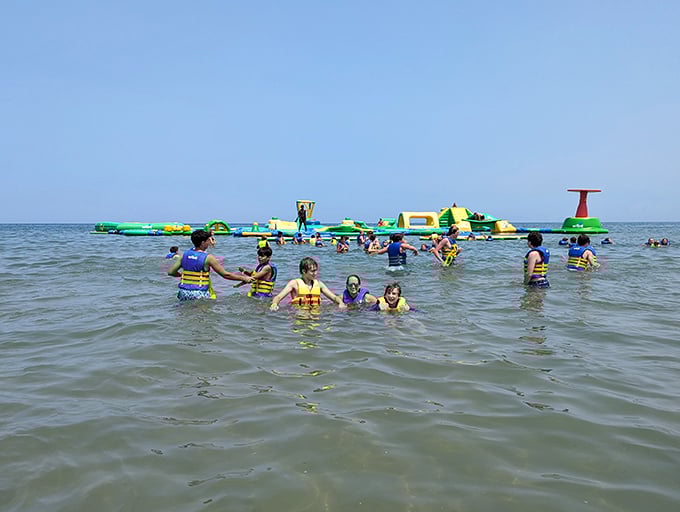Lake Michigan's natural playground complements the inflatable one. Visitors of all ages enjoy the gentle waves, proving you don't need fancy equipment for simple joy.
