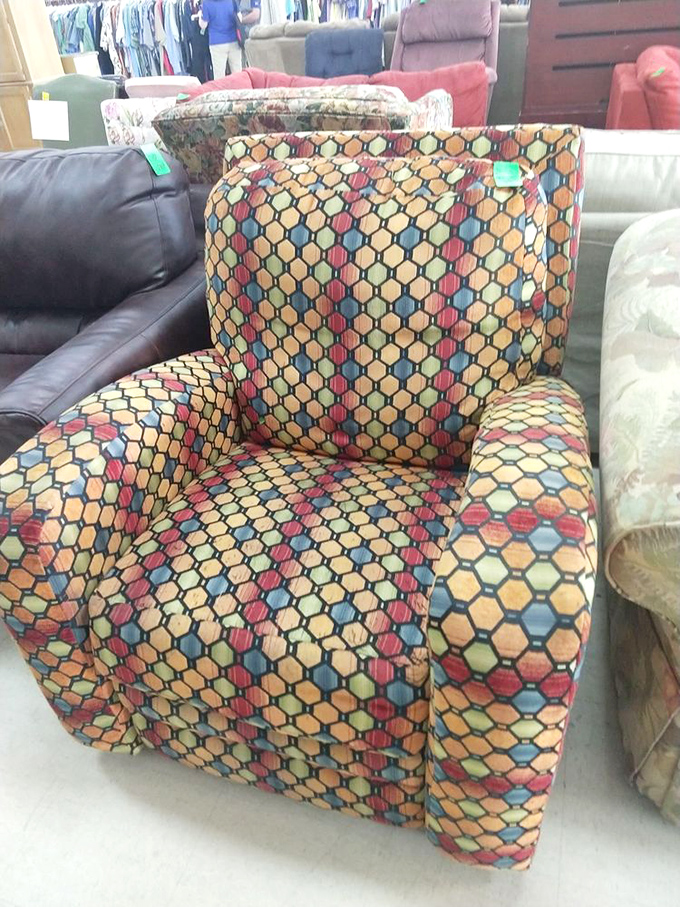 That honeycomb pattern armchair isn't just seating—it's a time machine to your grandmother's impeccably decorated living room.