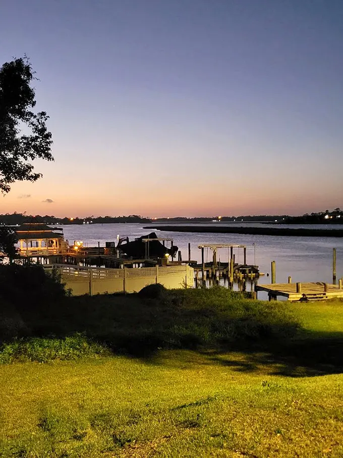 Sunset views that rival the food. After eight helpings of catfish, this waterfront scene helps you contemplate your delicious life choices.